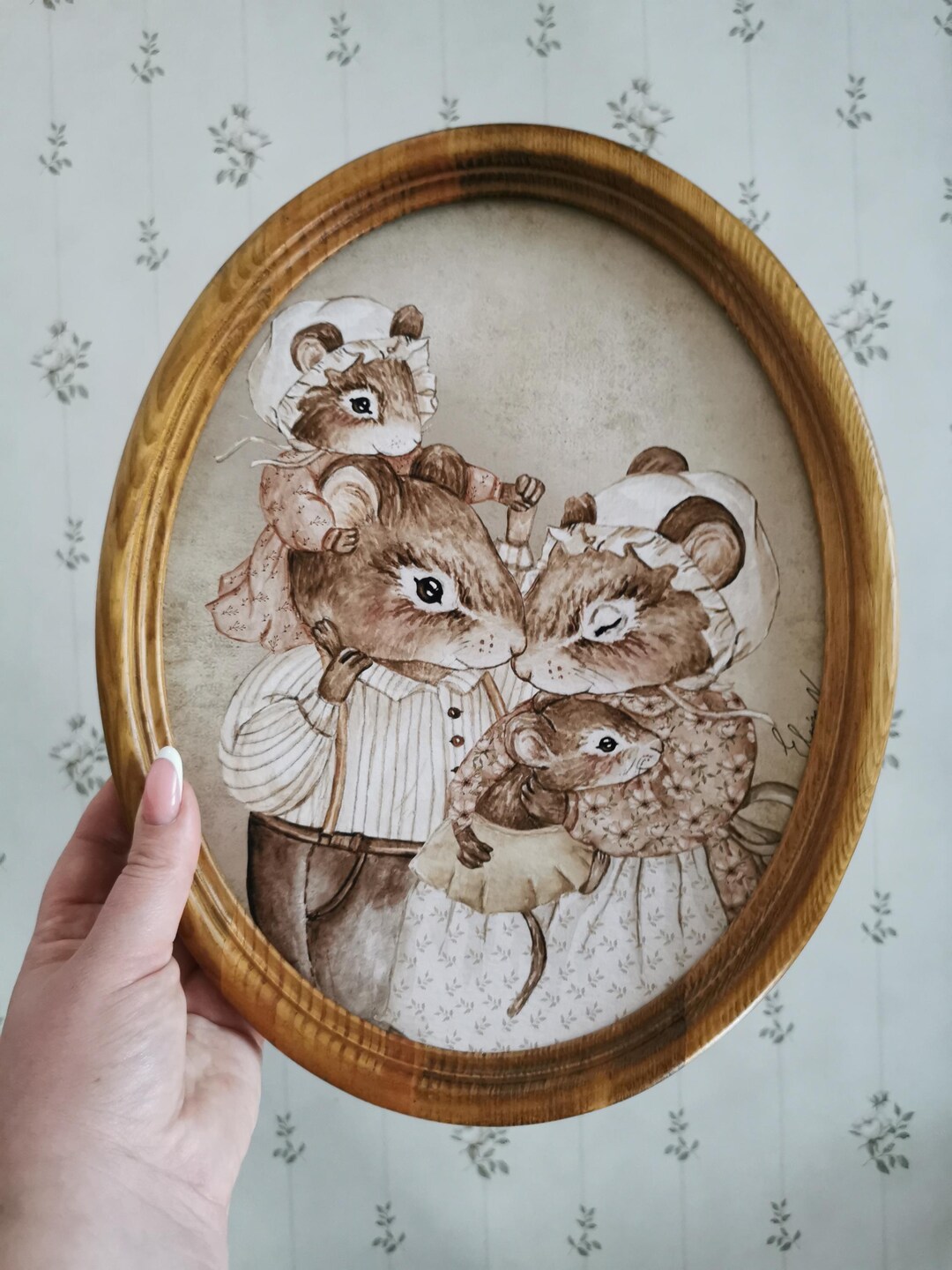 Poster for a Child Dad and Mom Mouse With a Child, Baby Mice, Oval ...