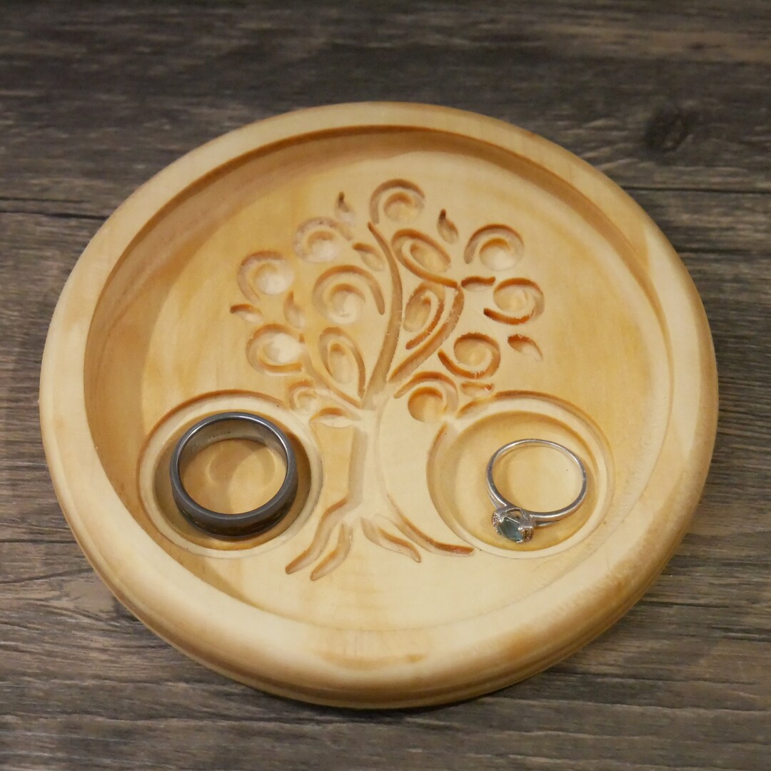 Round Wood Engraved Ringbearer Carry Ring Tray. Two Ring Cups Tree or ...