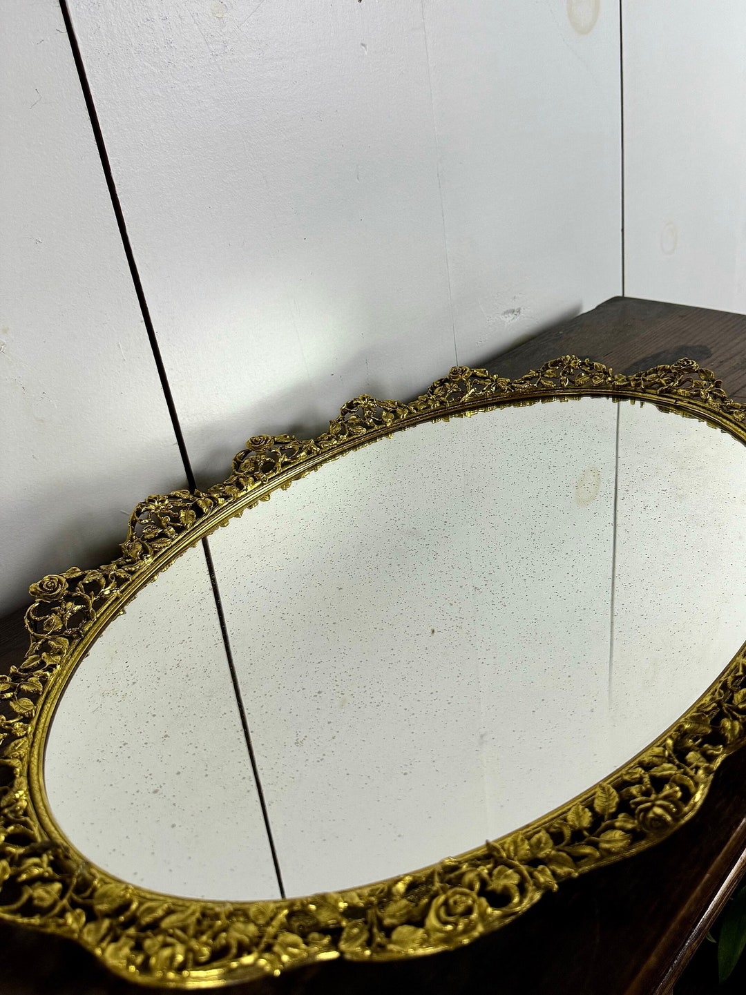 Vintage Mirror Tray in Gold Ormolu Frame With Rose Motif and Red Velvet ...