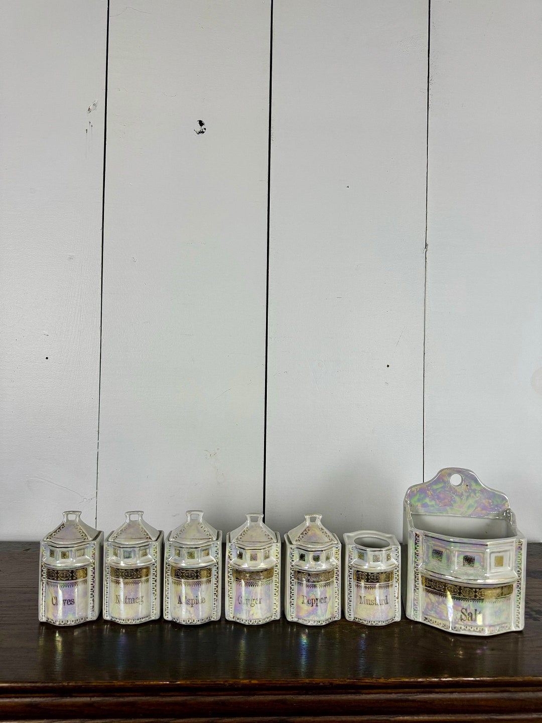 Antique Set of 6 Opalescent Spice Jars and Hanging Salt Cellar by White ...