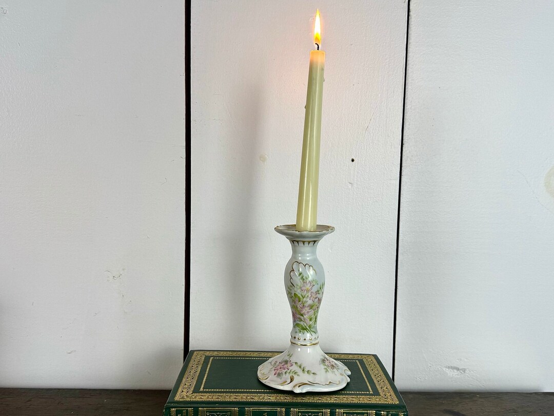 Antique Porcelain Candlestick Holder Hand Painted Pink Florals, Green Vines and Gold Details by ...