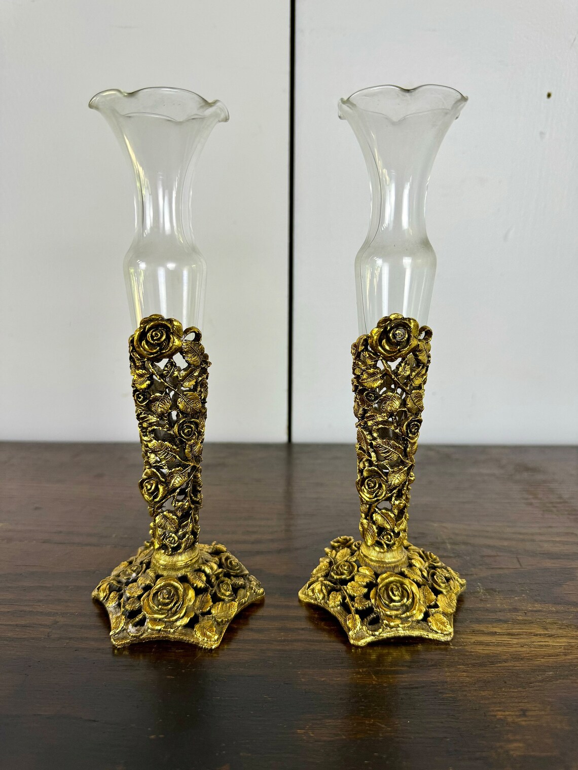 Vintage Matson Vase Pair / 1960s Fluted Glass Bud Vases in Ormolu ...