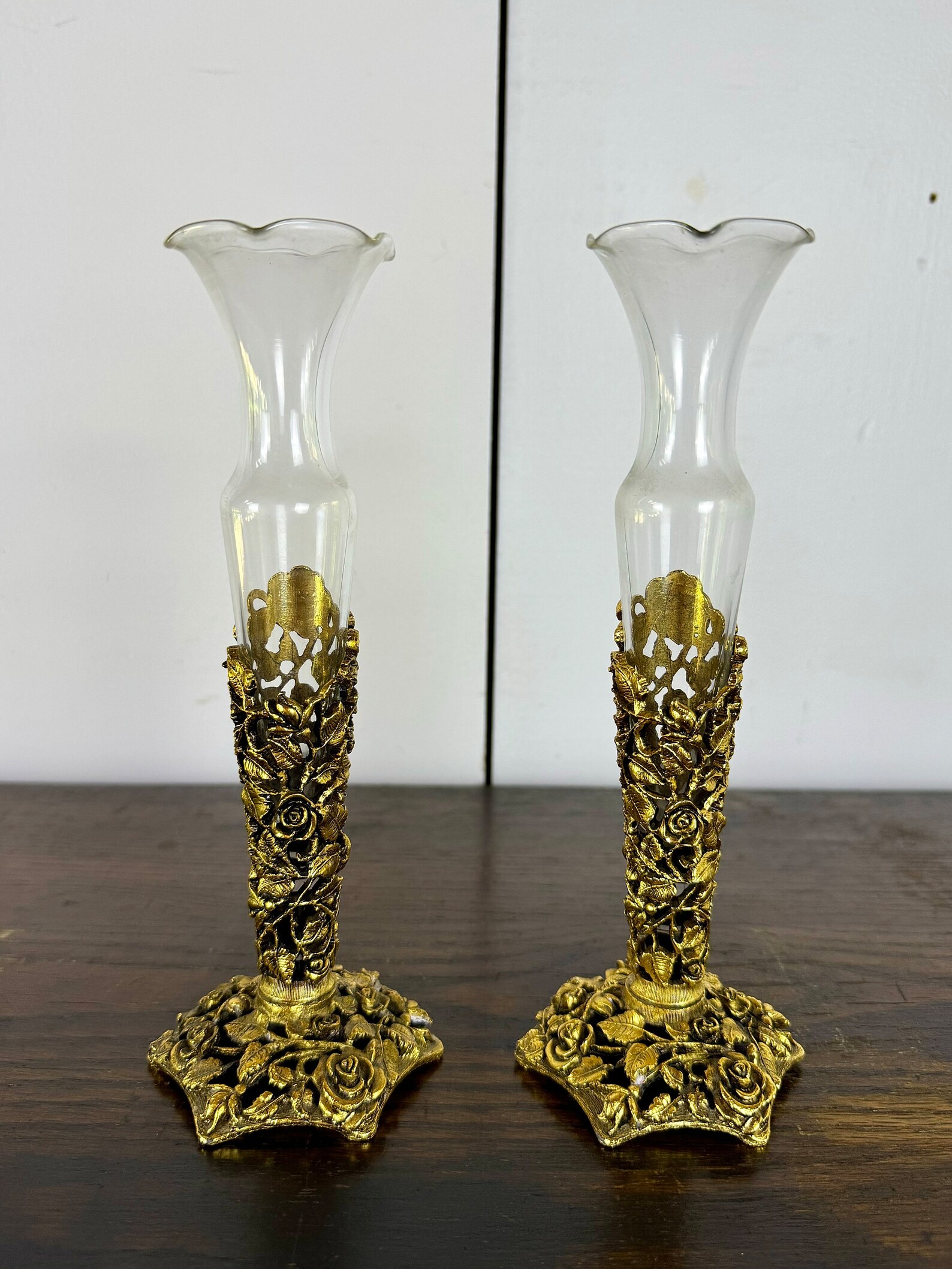 Vintage Matson Vase Pair / 1960s Fluted Glass Bud Vases in Ormolu ...