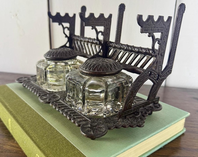 Antique Glass Inkwell in Cast Iron Stand With Gothic Arches, Card ...