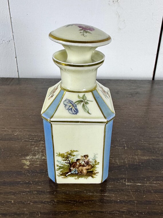 Antique Ceramic Perfume Bottle Cream and Blue with Ro… - Gem