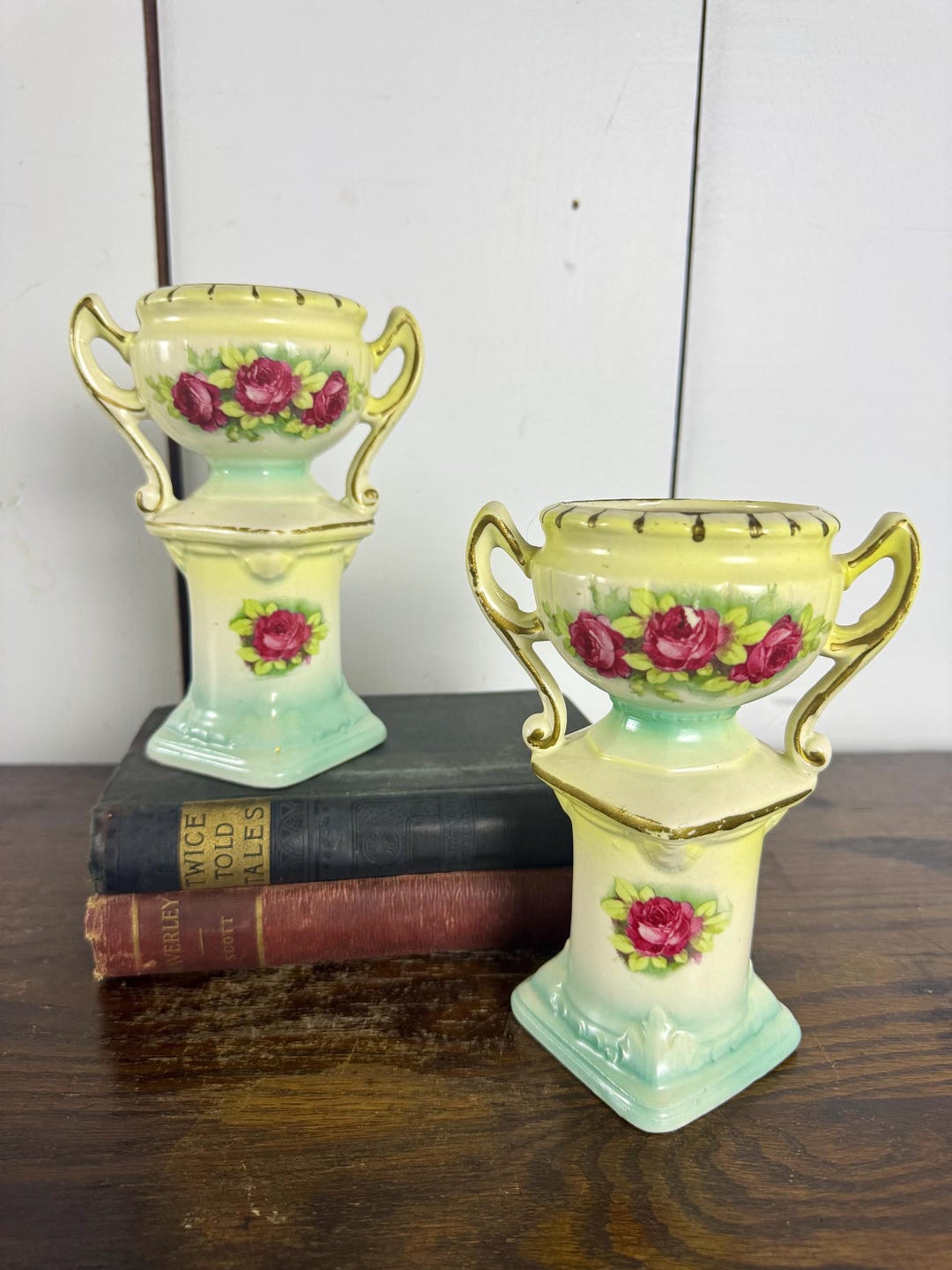 Vintage Pair of Small Urn Shaped Vases Hand Painted Teal With Dark Pink ...