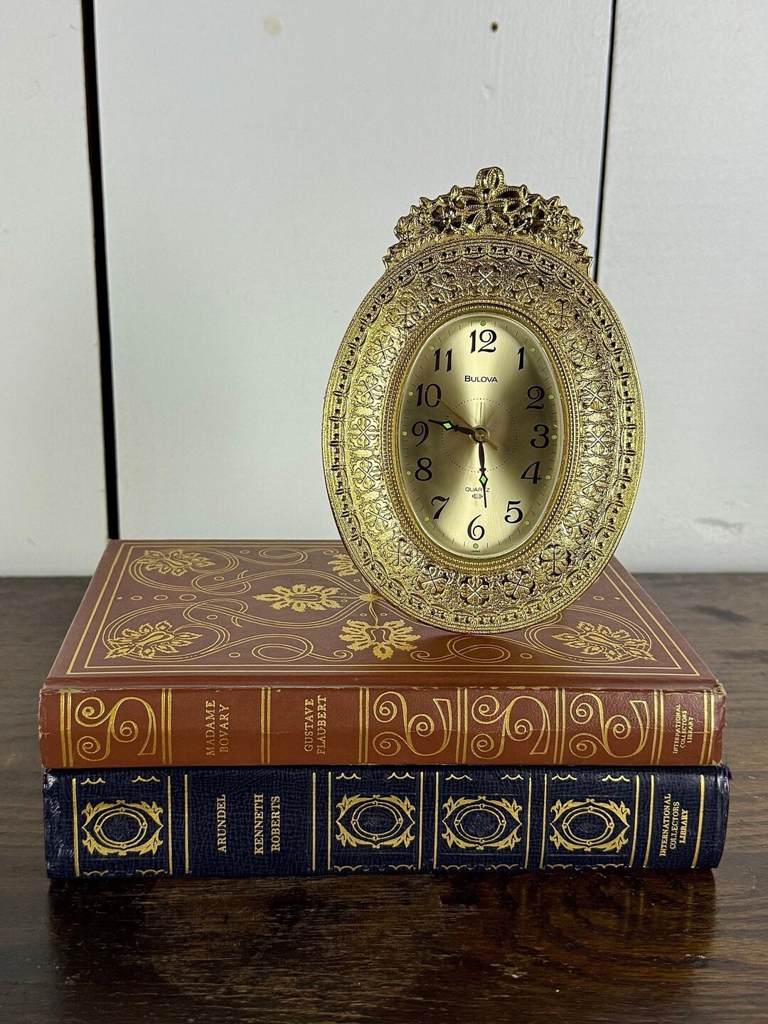 Vintage Quartz Movement Oval Clock in Ornate Floral Gold Tone Frame by ...