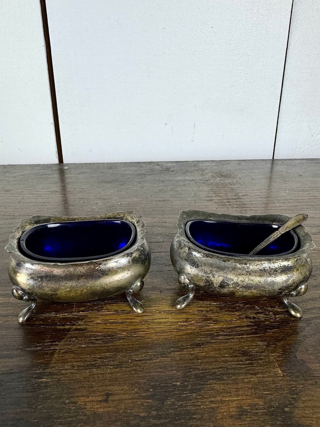 Antique Silver Salt Cellar Pair With Cobalt Glass Inserts and Sterling ...