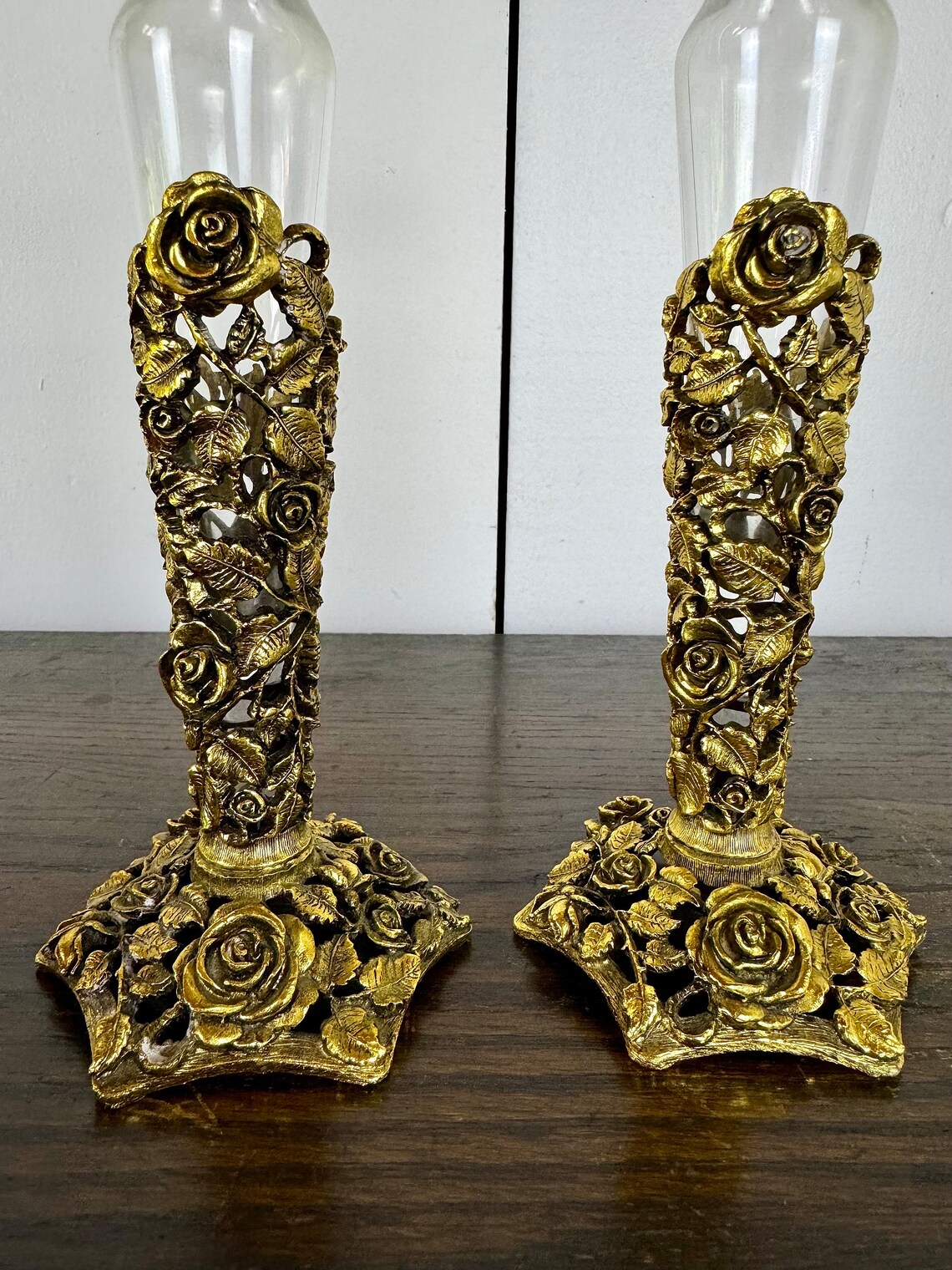 Vintage Matson Vase Pair / 1960s Fluted Glass Bud Vases in Ormolu ...