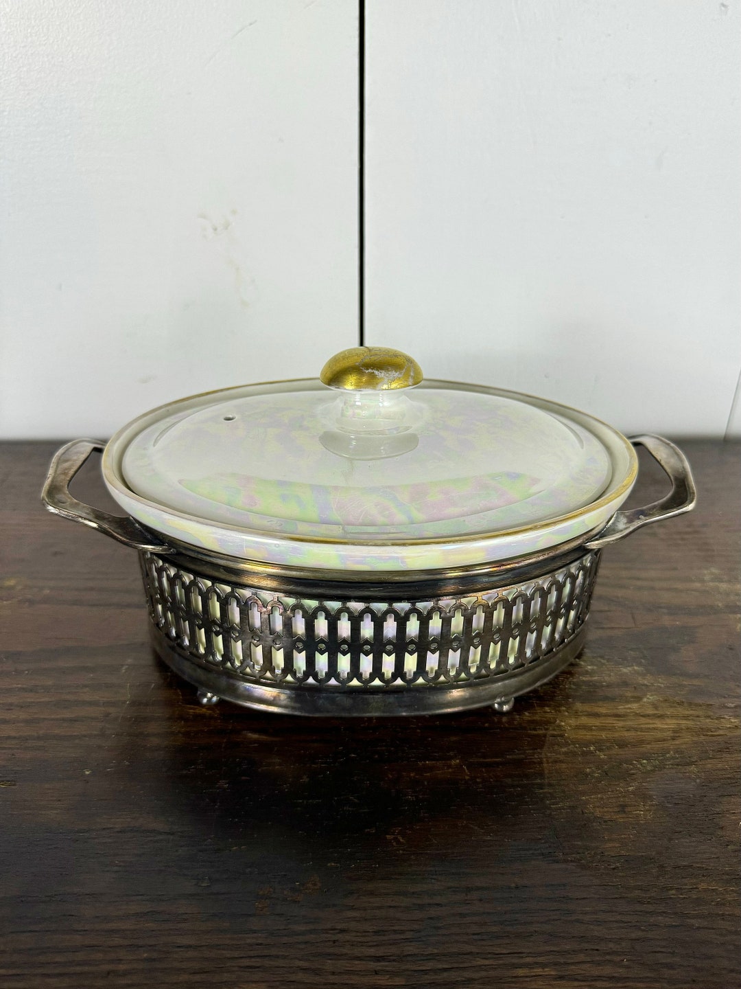 Vintage Lusterware Baking Dish in Silver Plared Stand / Opalescent ...