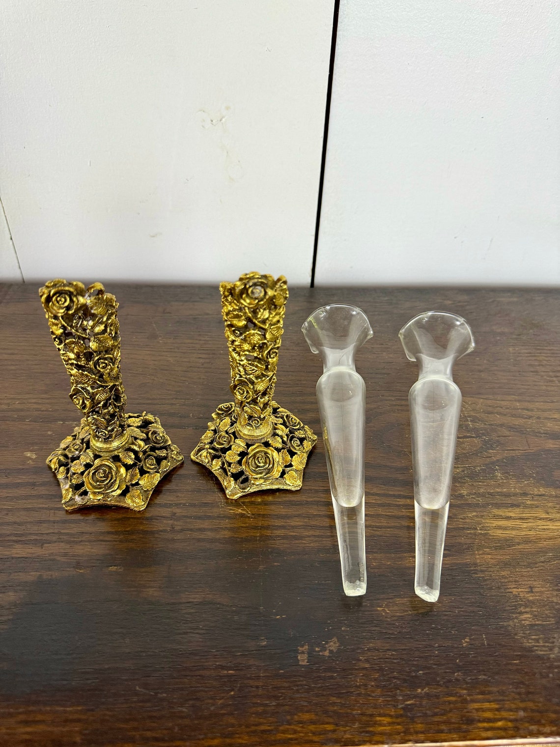 Vintage Matson Vase Pair / 1960s Fluted Glass Bud Vases in Ormolu ...