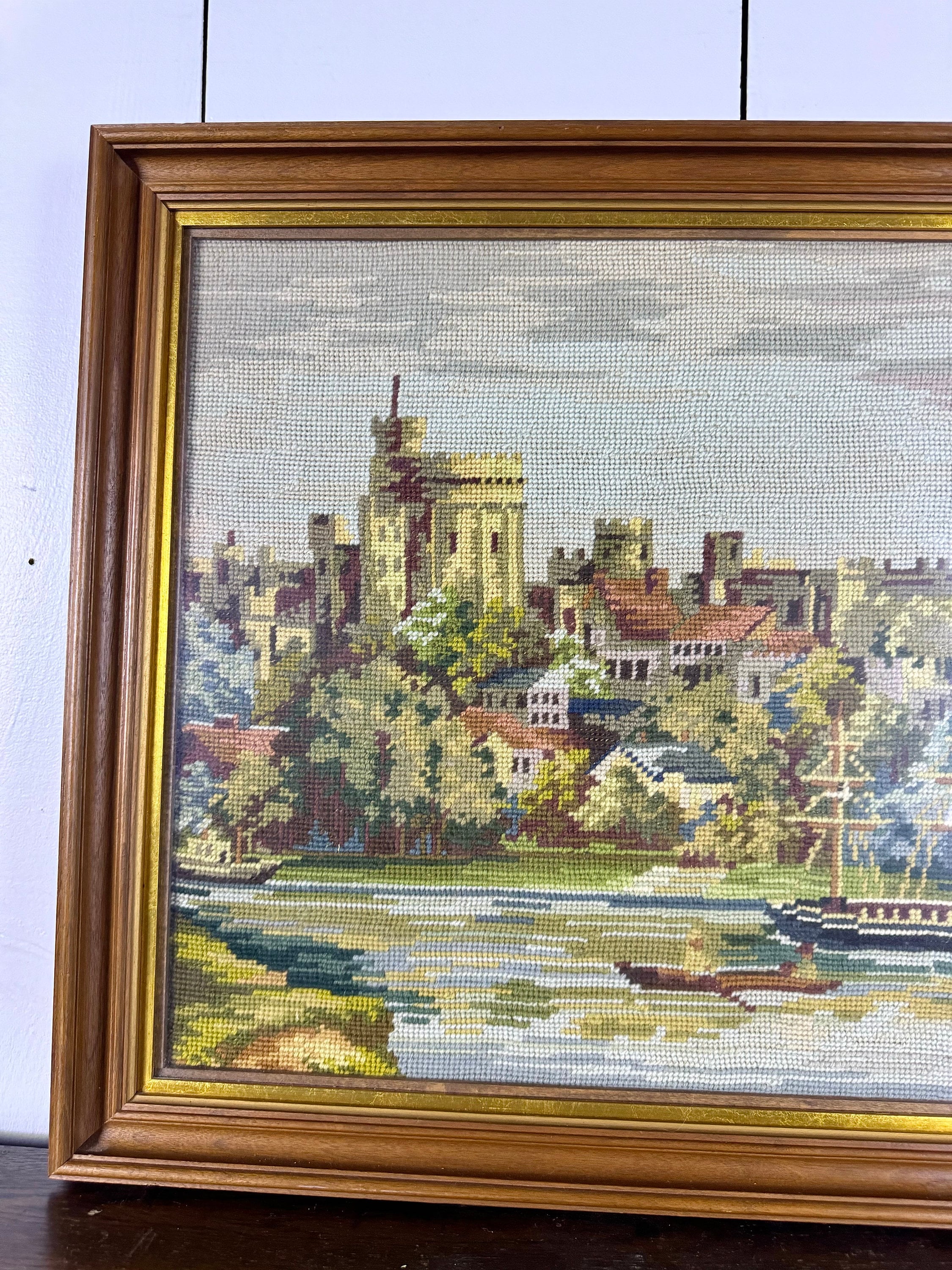 Vintage Needlepoint Art River City Scene in Wooden Frame / Large 1940s ...