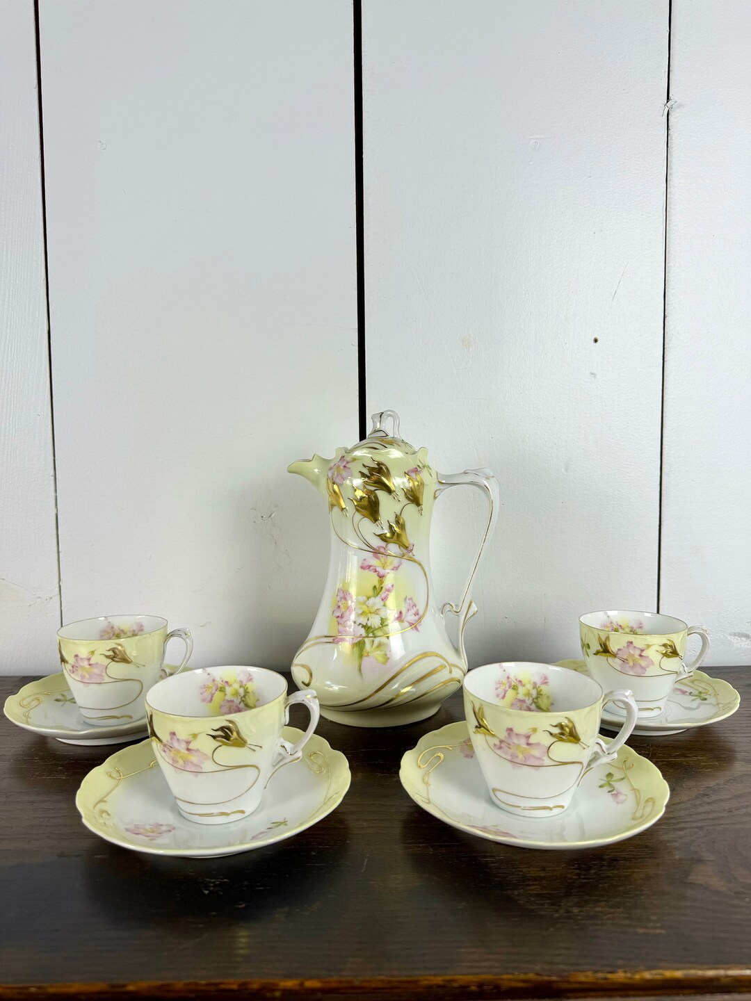 Antique Dresden Viola Chocolate Pot Set With 4 Cups, 6 Saucers / Pink ...
