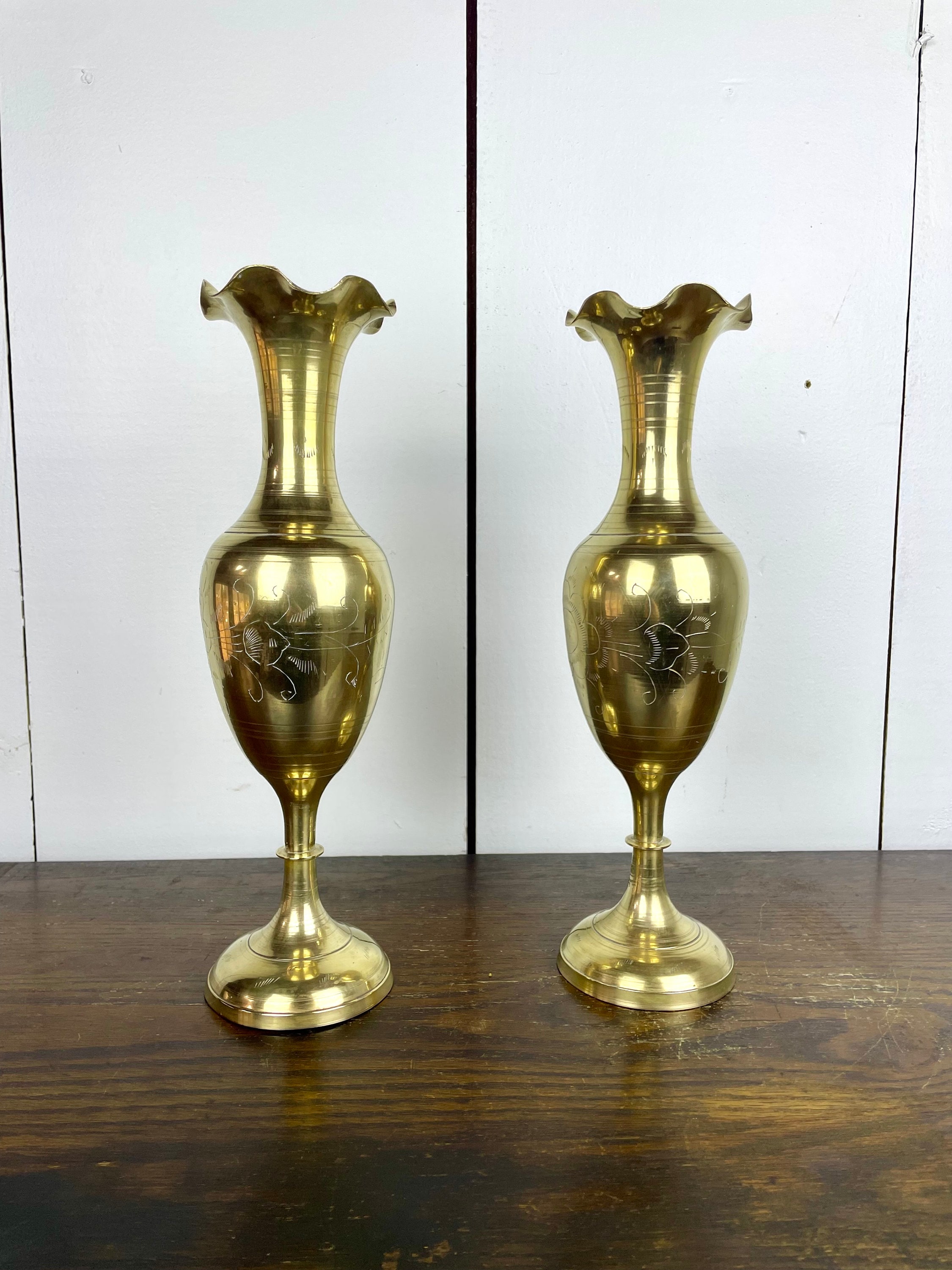 Vintage Etched Brass Vase Pair With Floral Design and Fluted Rim - Etsy
