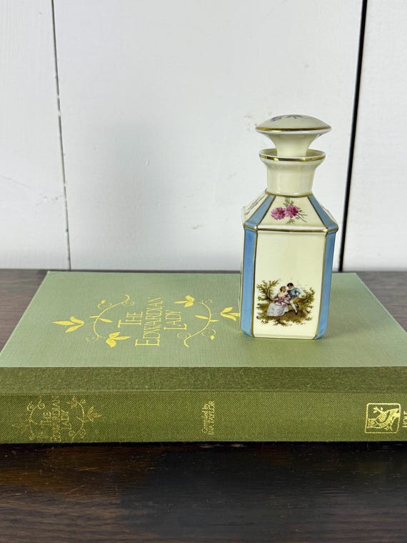 Antique Ceramic Perfume Bottle Cream and Blue with Ro… - Gem