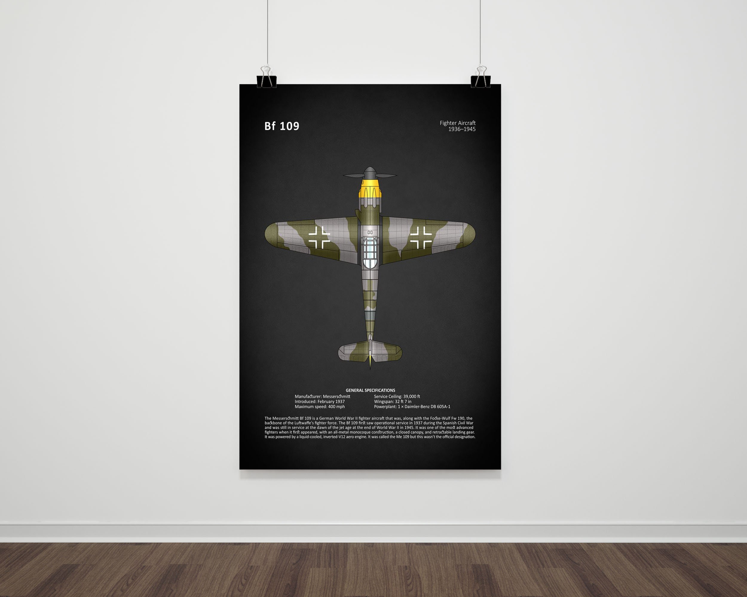 The Messerschmitt BF 109 Aircraft Poster Aviation Art Airplane Wall ...