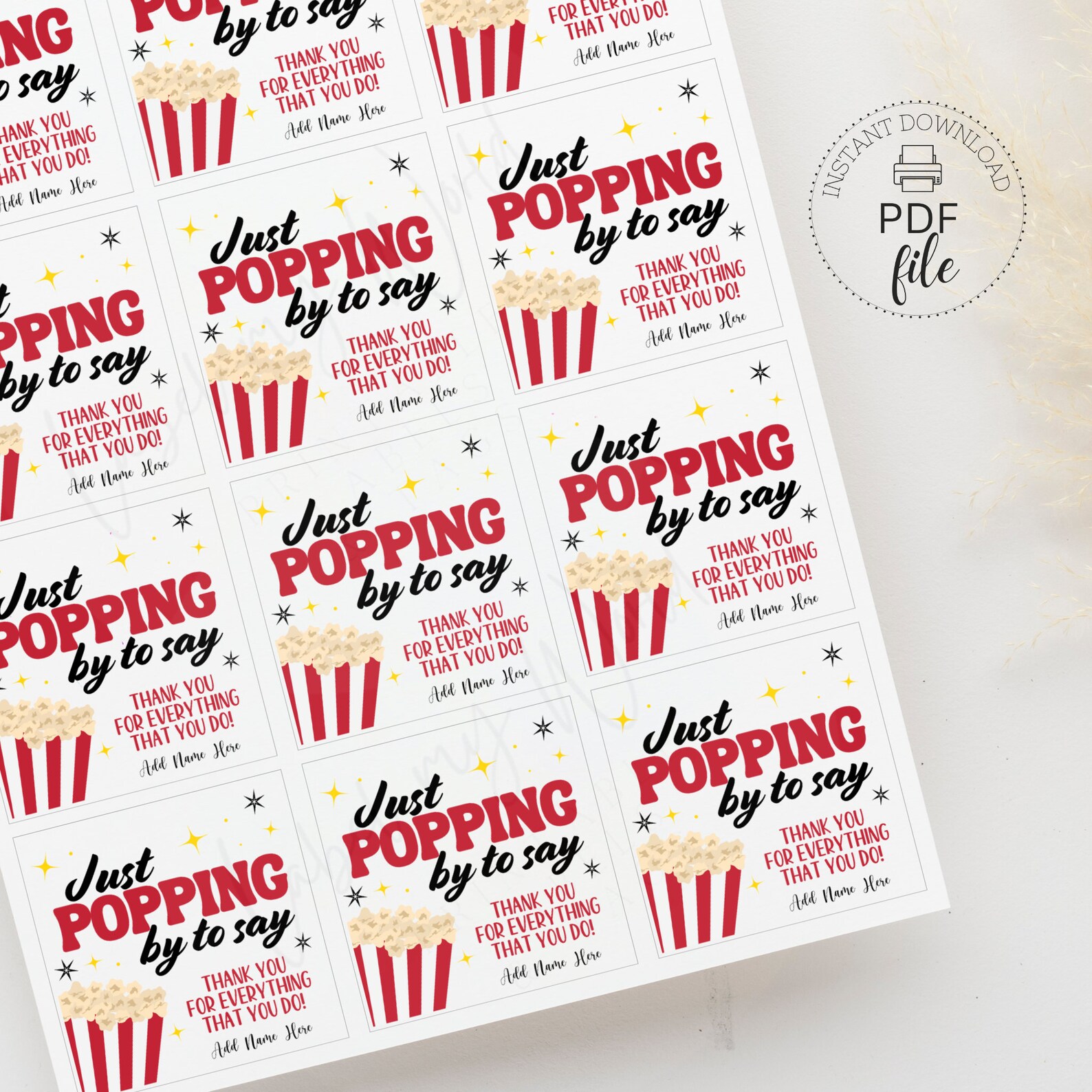 Just Popping by to Say Thank You Gift Tag Printable Popcorn Treat Bag ...