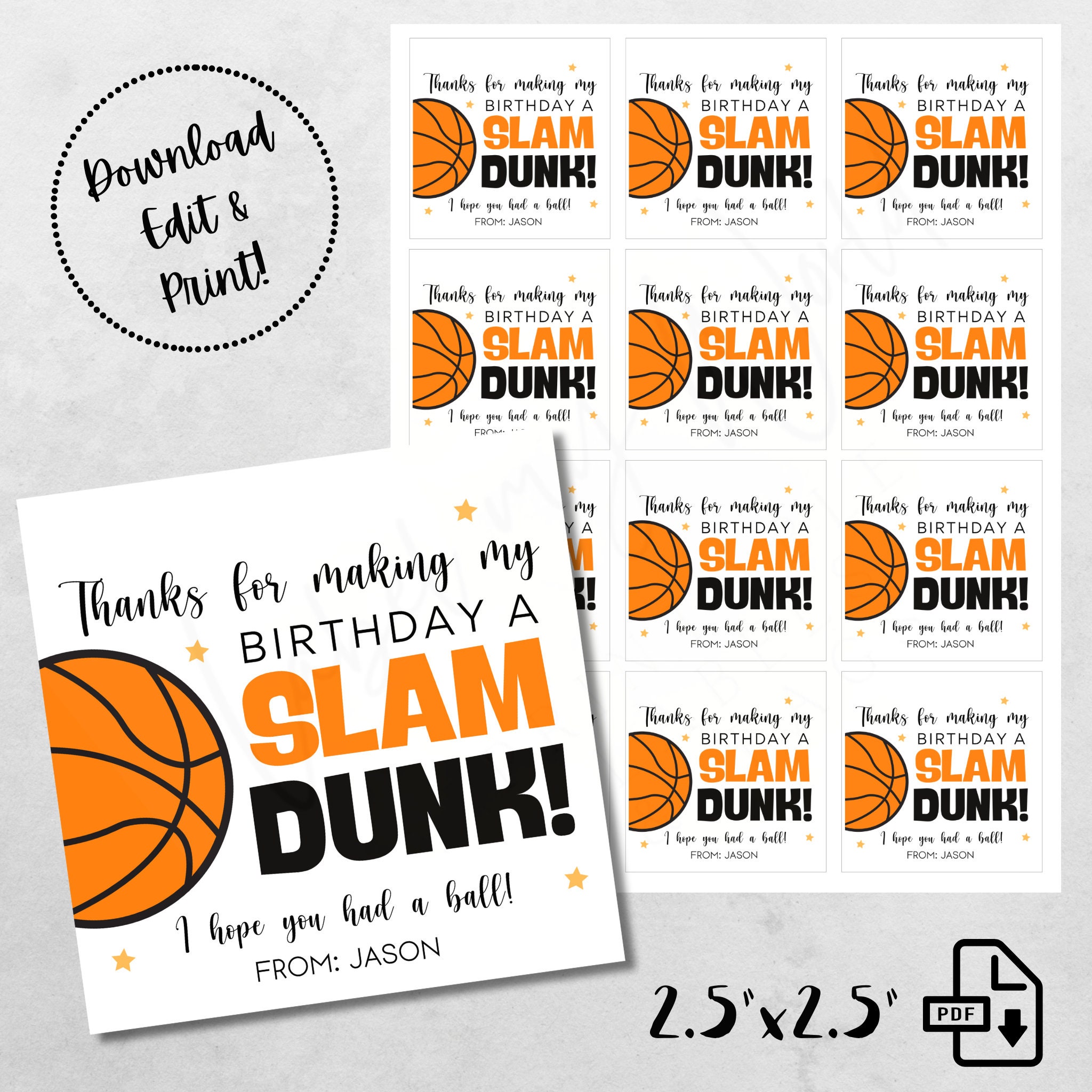 Printable Thanks for Making My Birthday a Slam Dunk Gift Tags ...