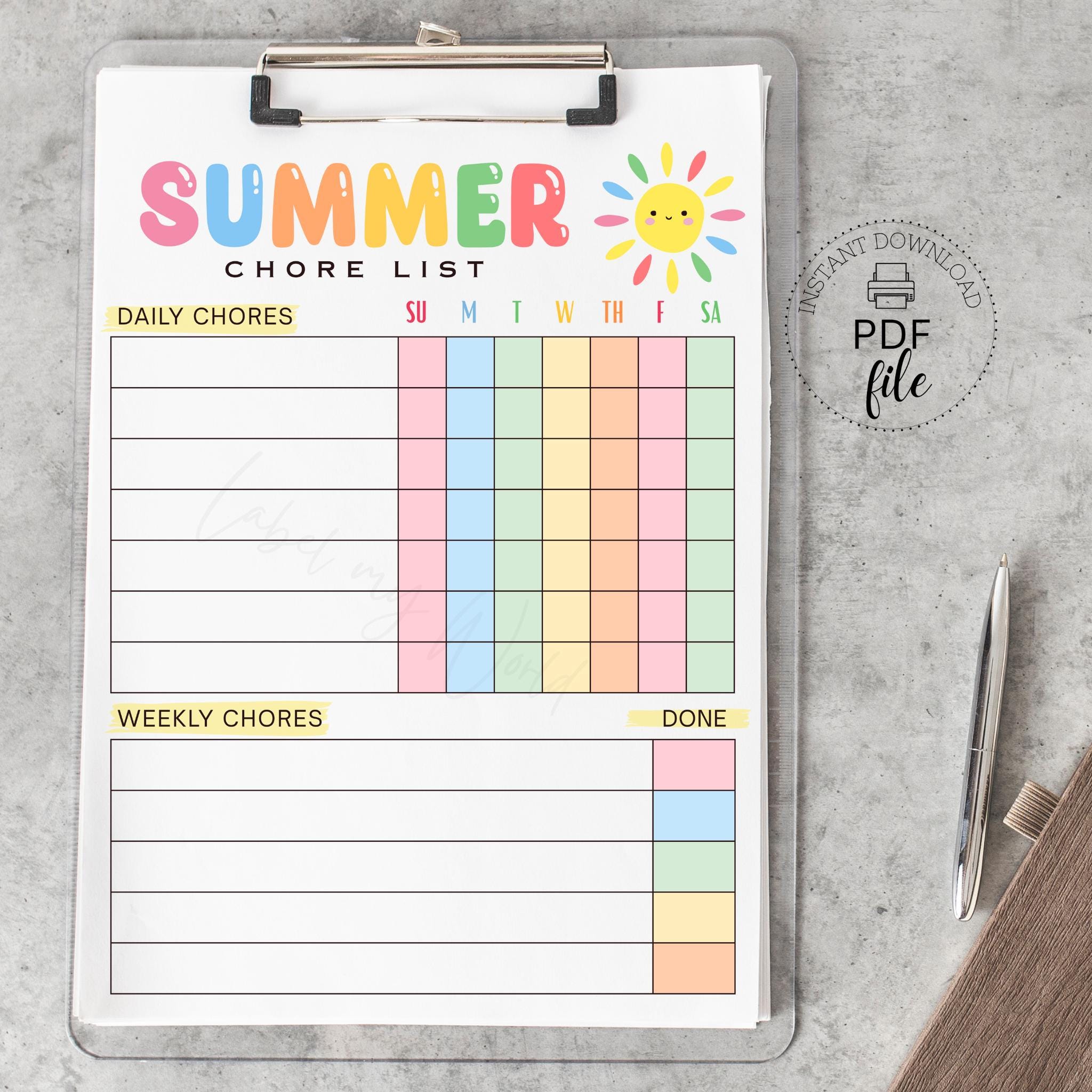 Editable Summer Chore Chart Template for Kids, Daily Weekly Chore ...