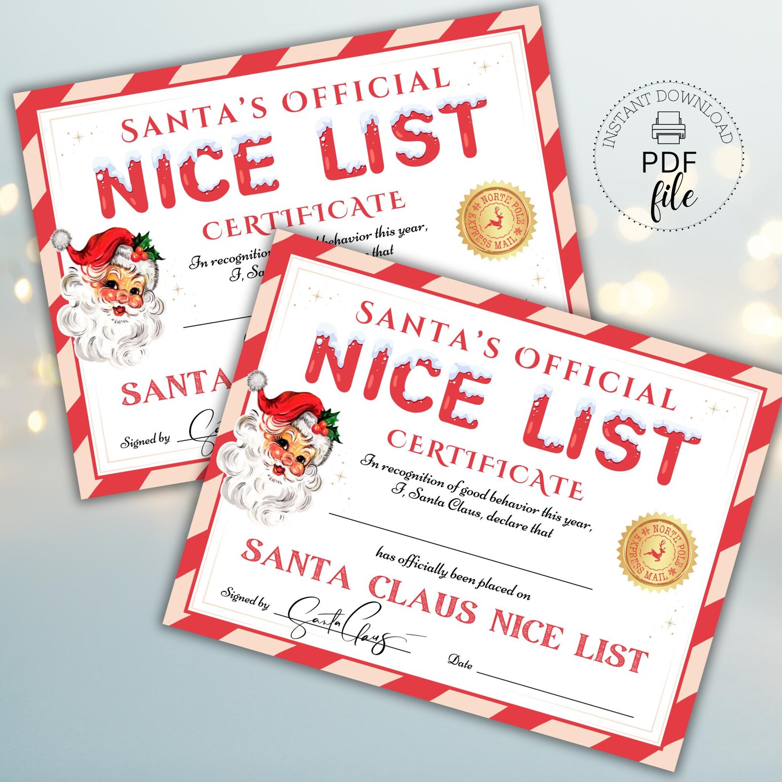 Santa Claus Official Nice List Printable Certificate, Christmas Eve 11 ...
