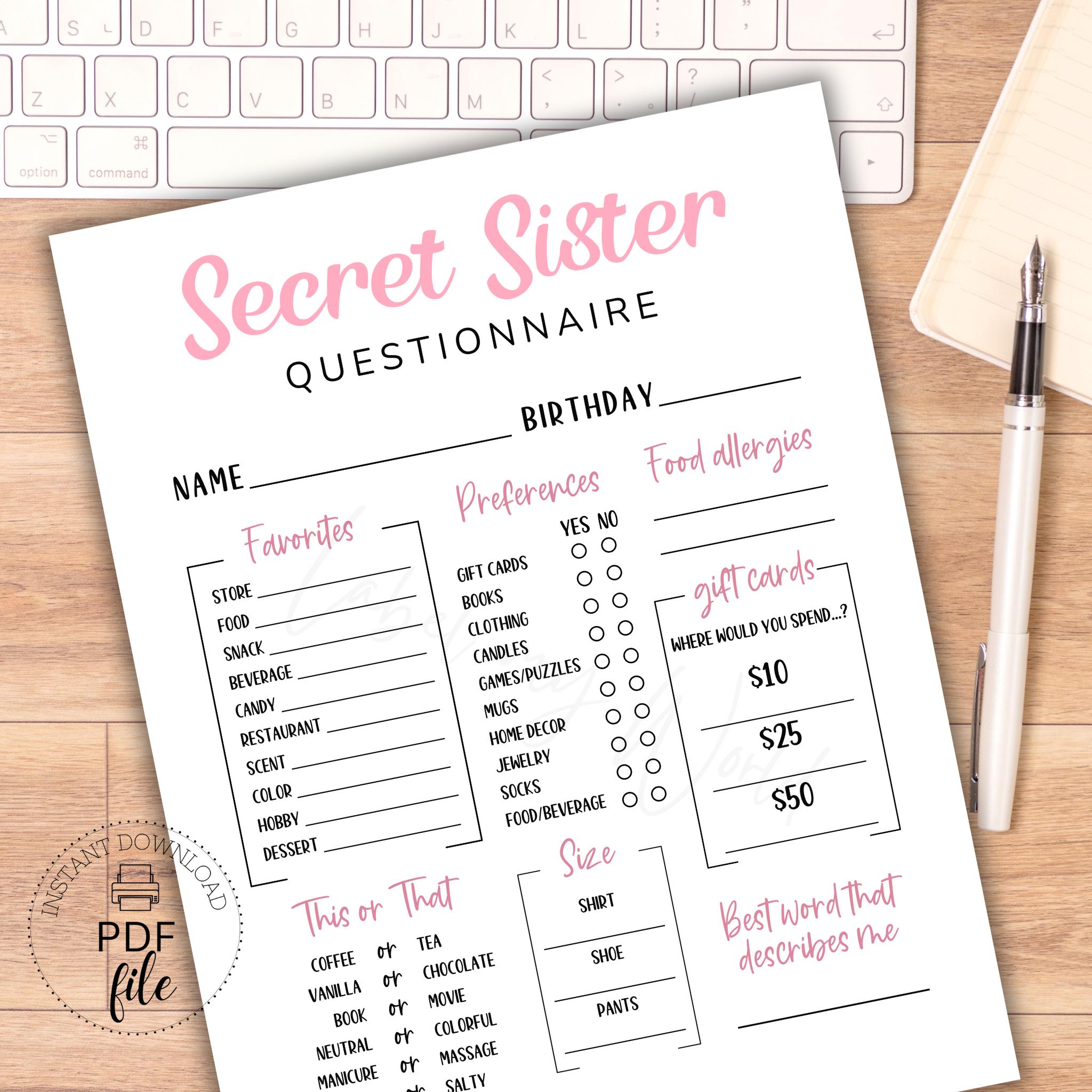 Printable Secret Sister Questionnaire, Gift Exchange Favorite Things ...