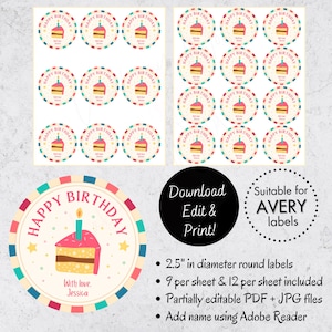 Printable Happy Birthday Stickers, Personalized Birthday Gift Tags, 2.5 ...