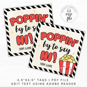 Printable Popping by to Say Hi! Tag, Personalized Popcorn Gift Tag ...
