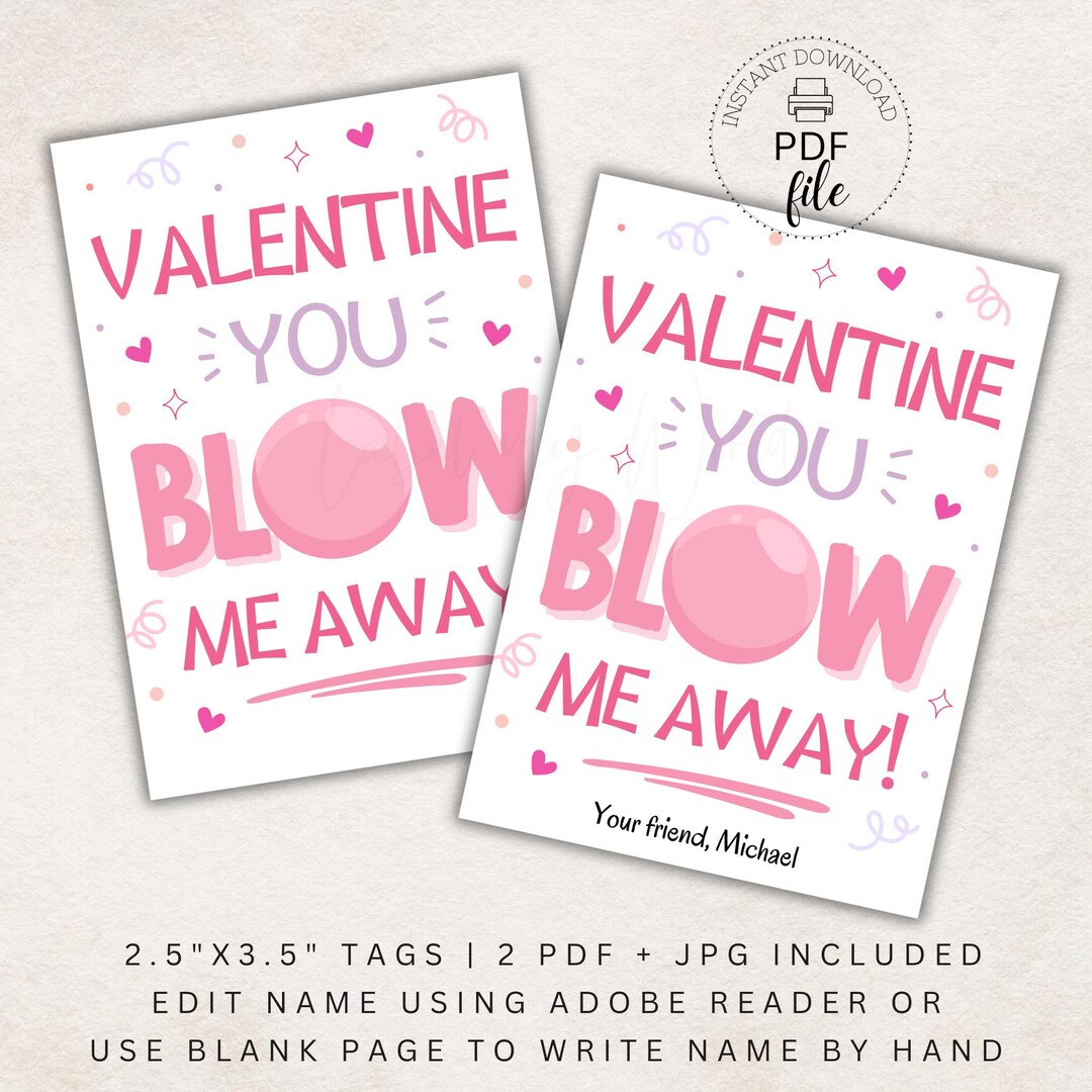 Printable Lollipop Bubble Gum Gift Tag, Personalized Valentine You Blow ...