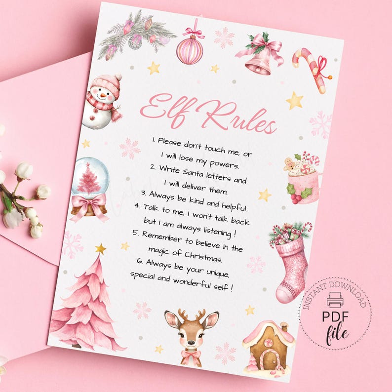 Pink Elf Rules Sign, Printable Christmas Girl Elf Arrival Letter (PDF ...