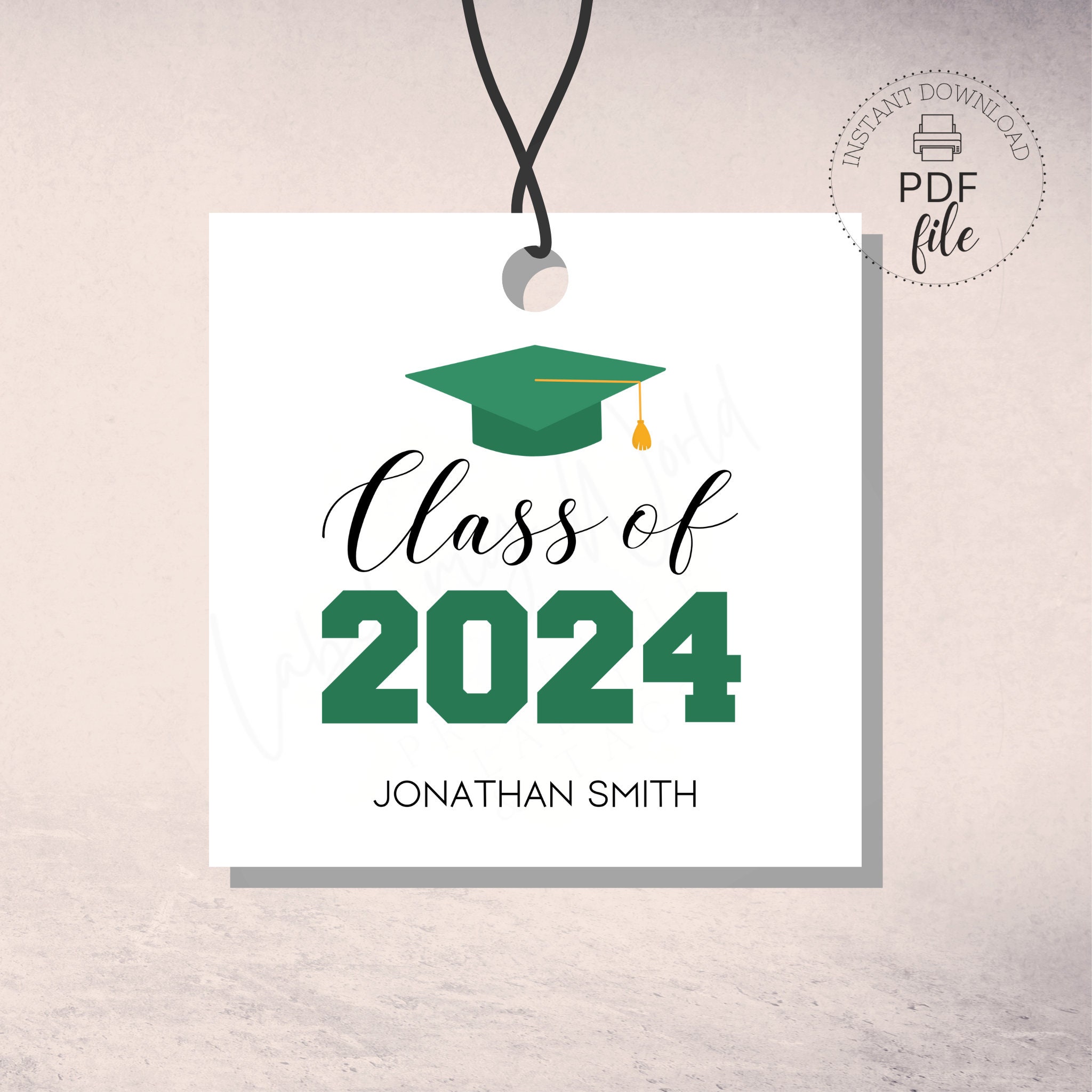 Graduation Green Grad Cap Gift Tag Editable Class of 20xx Graduate Name ...