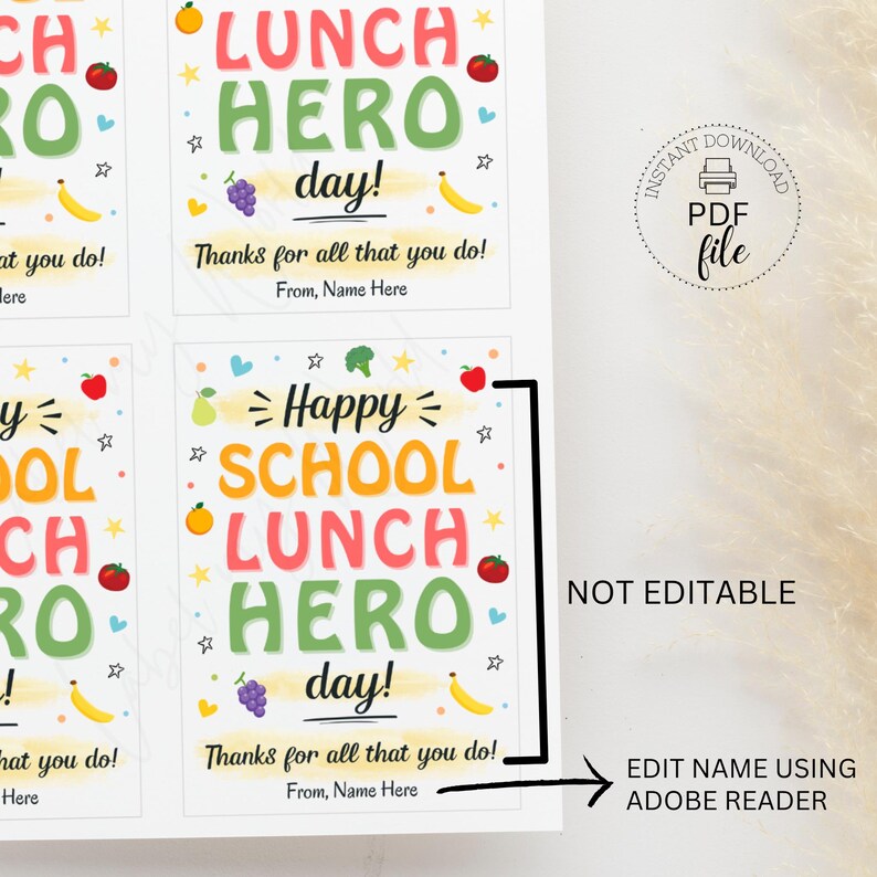 Printable Happy School Lunch Hero Day Gift Tag, Cafeteria Thank You for ...