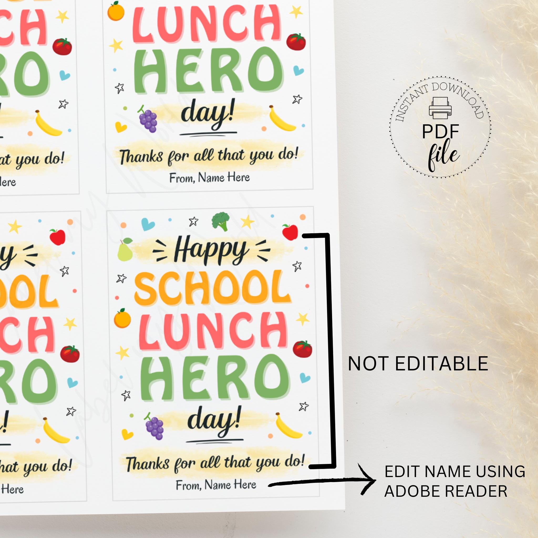 Printable Happy School Lunch Hero Day Gift Tag, Cafeteria Thank You for ...