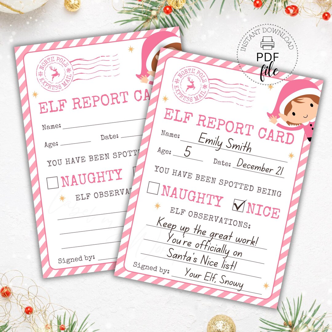 Pink Elf Report Card, Printable Christmas Official North Pole Girl Elf ...