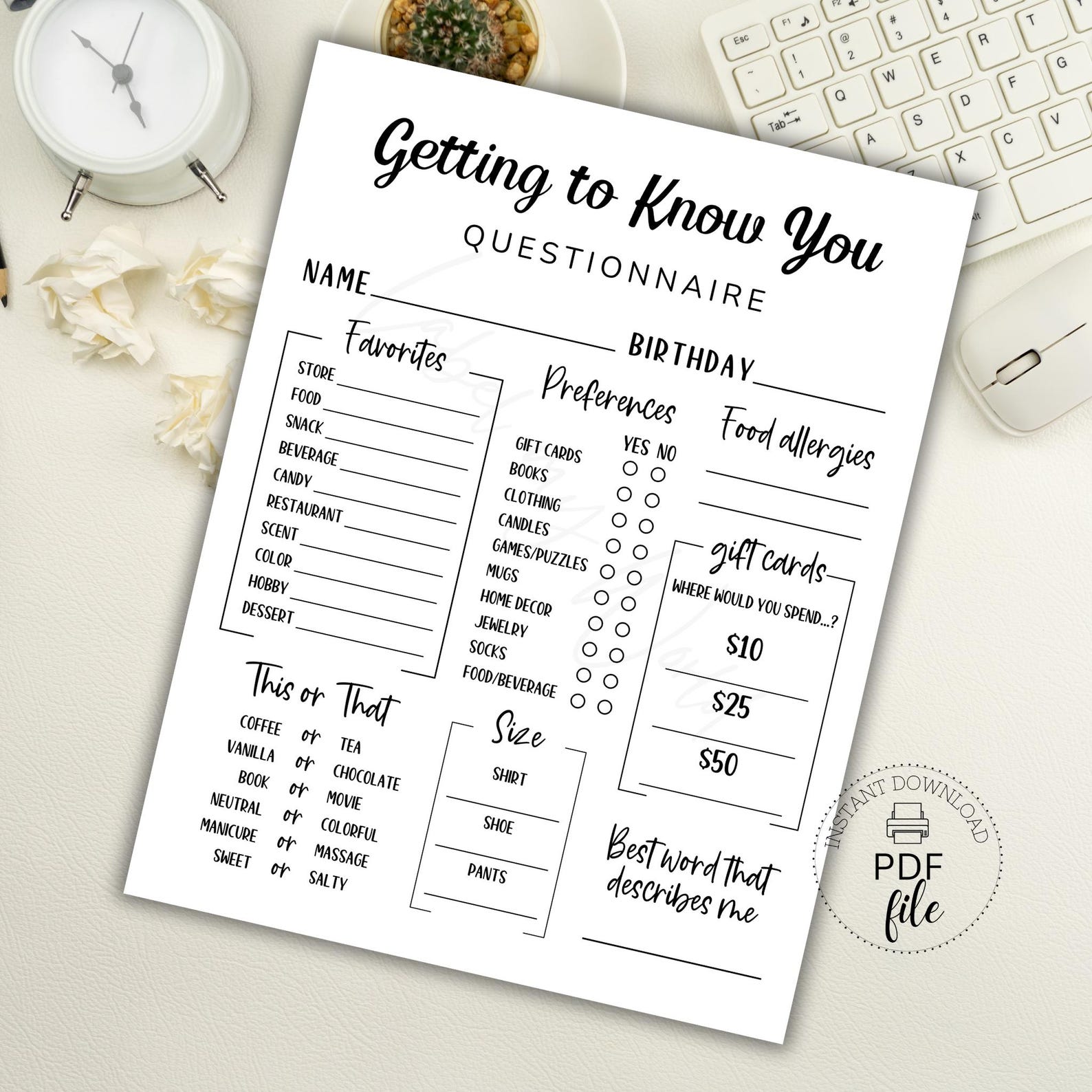 Printable Getting to Know You Questionnaire, Employee School Staff ...