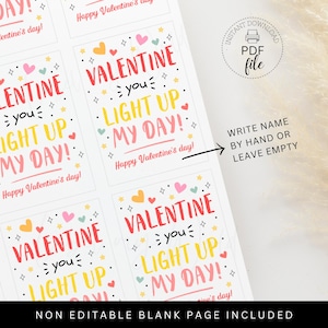 Printable Valentine You Light up My Day Gift Tags, Personalized Glow ...