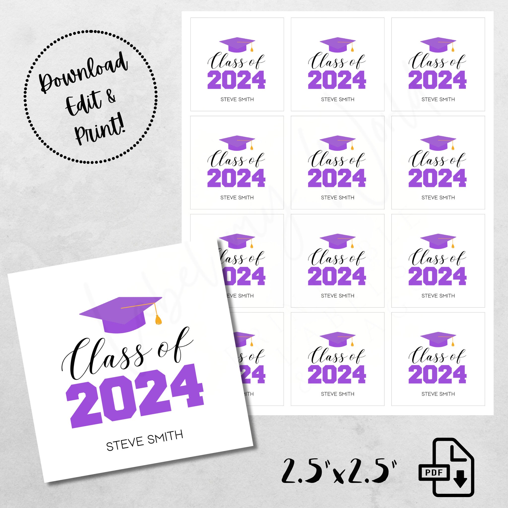 Graduation Purple Grad Cap Gift Tag, Personalized Class of 20xx ...