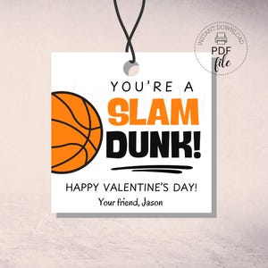 Printable Valentine You're a Slam Dunk Basketball Gift Tag, Happy ...