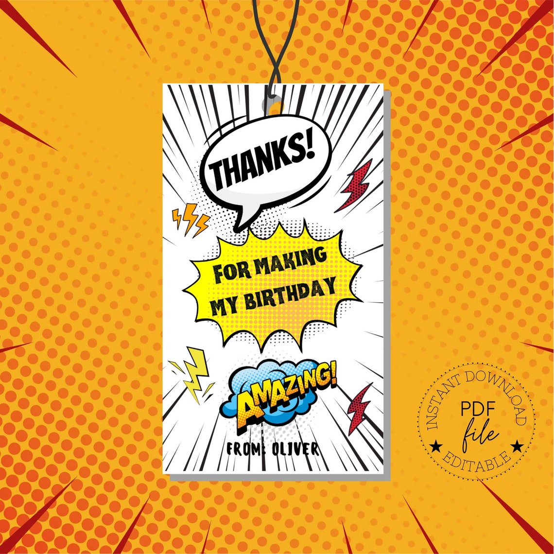 Editable Comic Birthday Thank You Tag | Printable Superhero Favor Tag ...