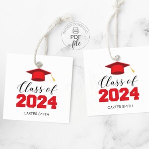 Graduation Red Grad Cap Gift Tag | Editable Class of 20xx Graduate Name ...
