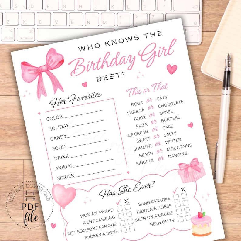 Pink Bow Who Knows the Birthday Girl Best Game, Printable Coquette ...