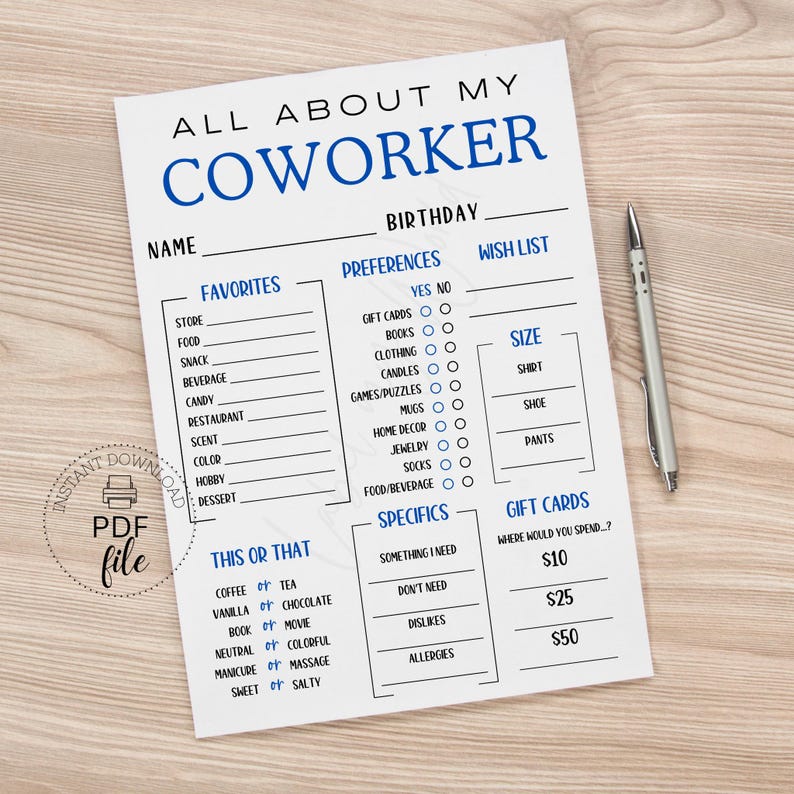 All About My Coworker Questionnaire, Printable New Employee Survey (PDF ...