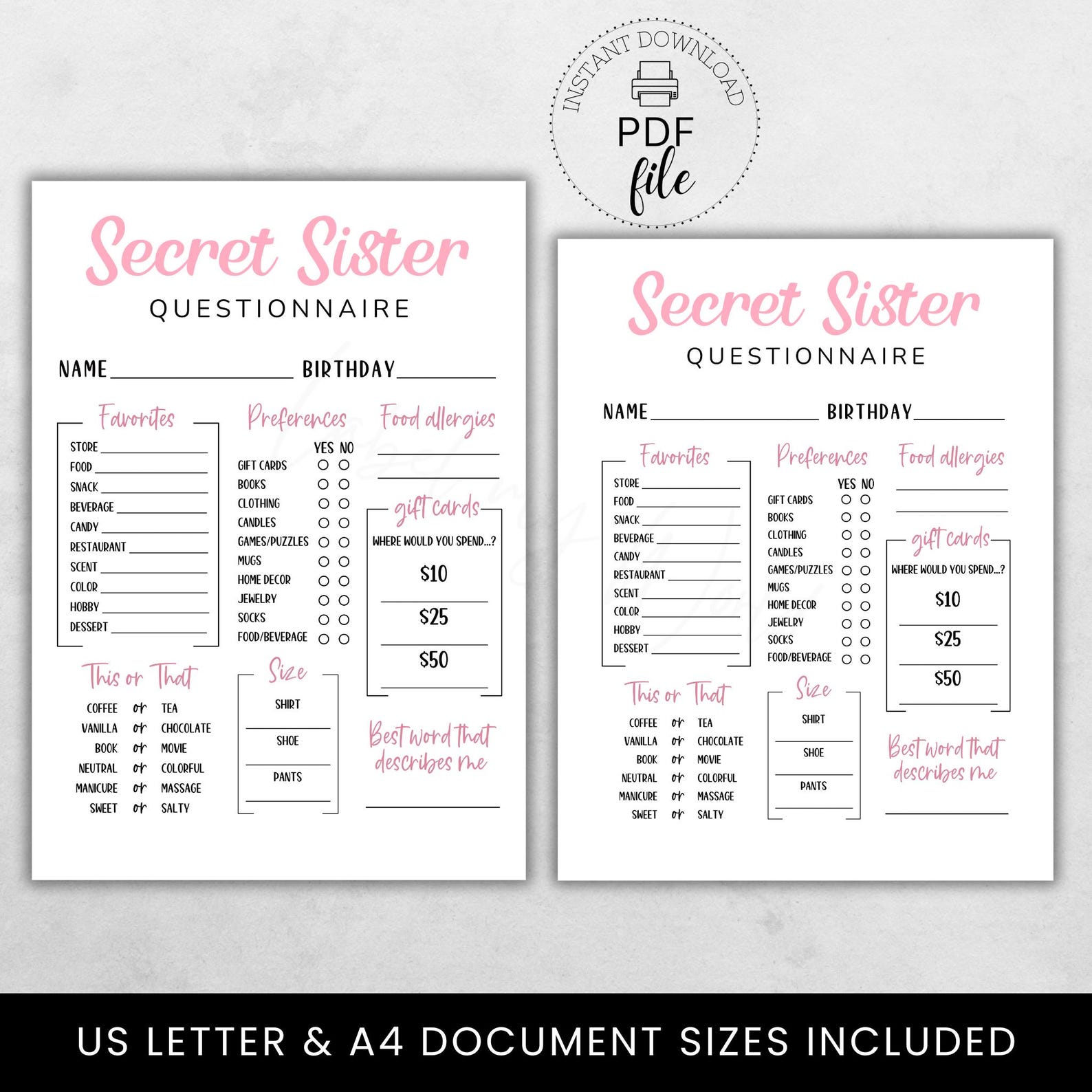 Printable Secret Sister Questionnaire, Gift Exchange Favorite Things ...