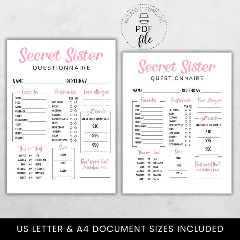 Printable Secret Sister Questionnaire, Gift Exchange Favorite Things ...
