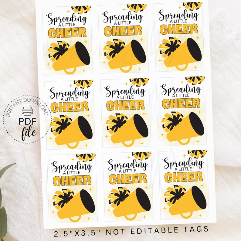 Printable Yellow & Black Spreading a Little Cheer Tags, Cheerleading ...
