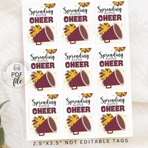 Printable Maroon & Gold Spreading a Little Cheer Tags, Cheerleading ...