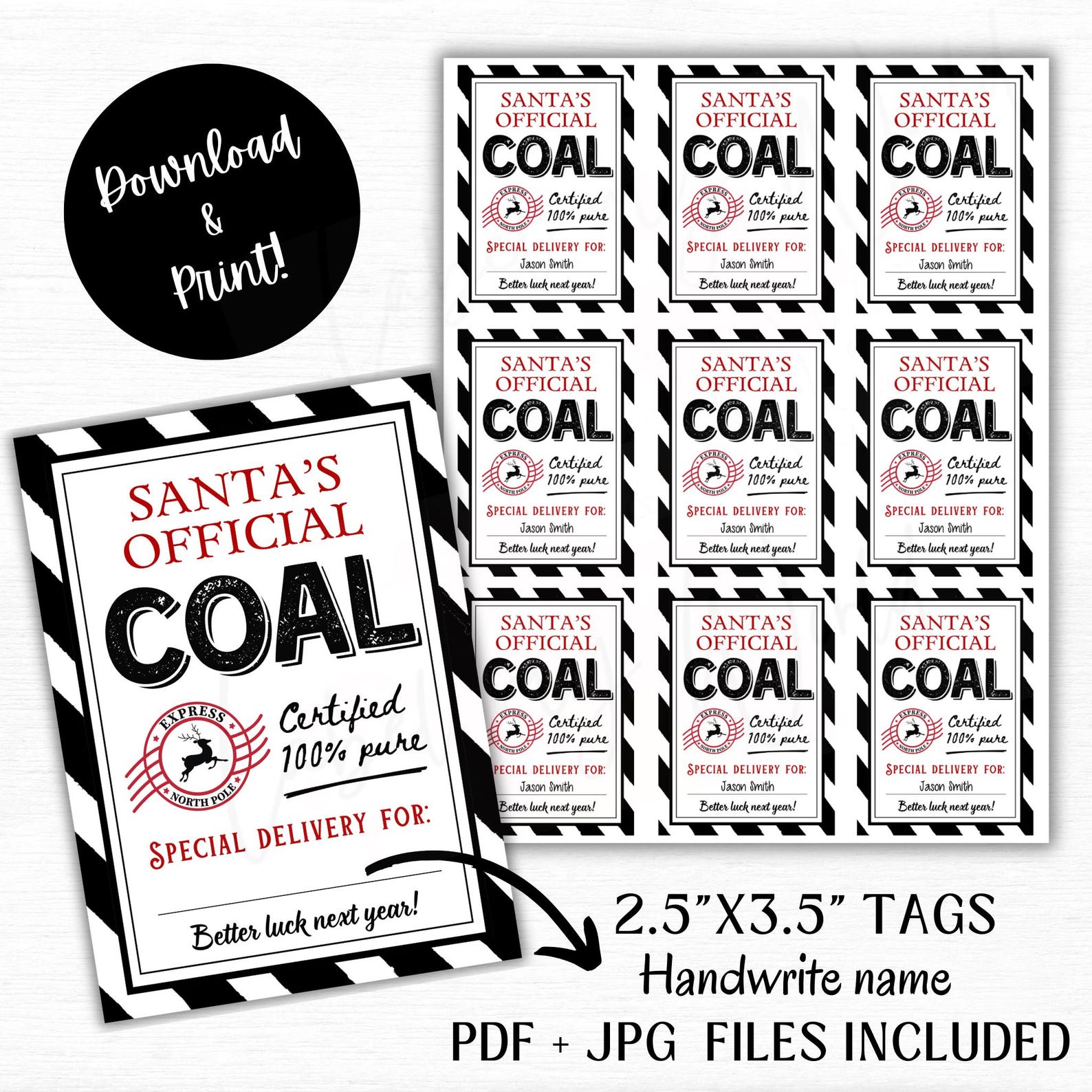 Printable Christmas Coal Tags, North Pole Special Delivery Favor Tag ...
