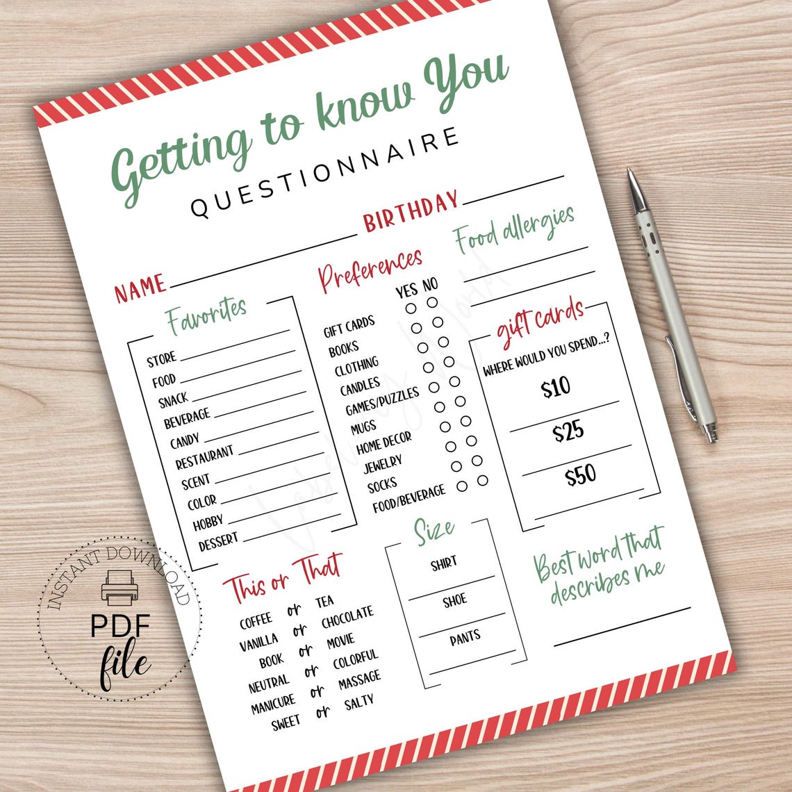 Printable Christmas Questionnaire, Coworker Gift Exchange Form, Getting ...