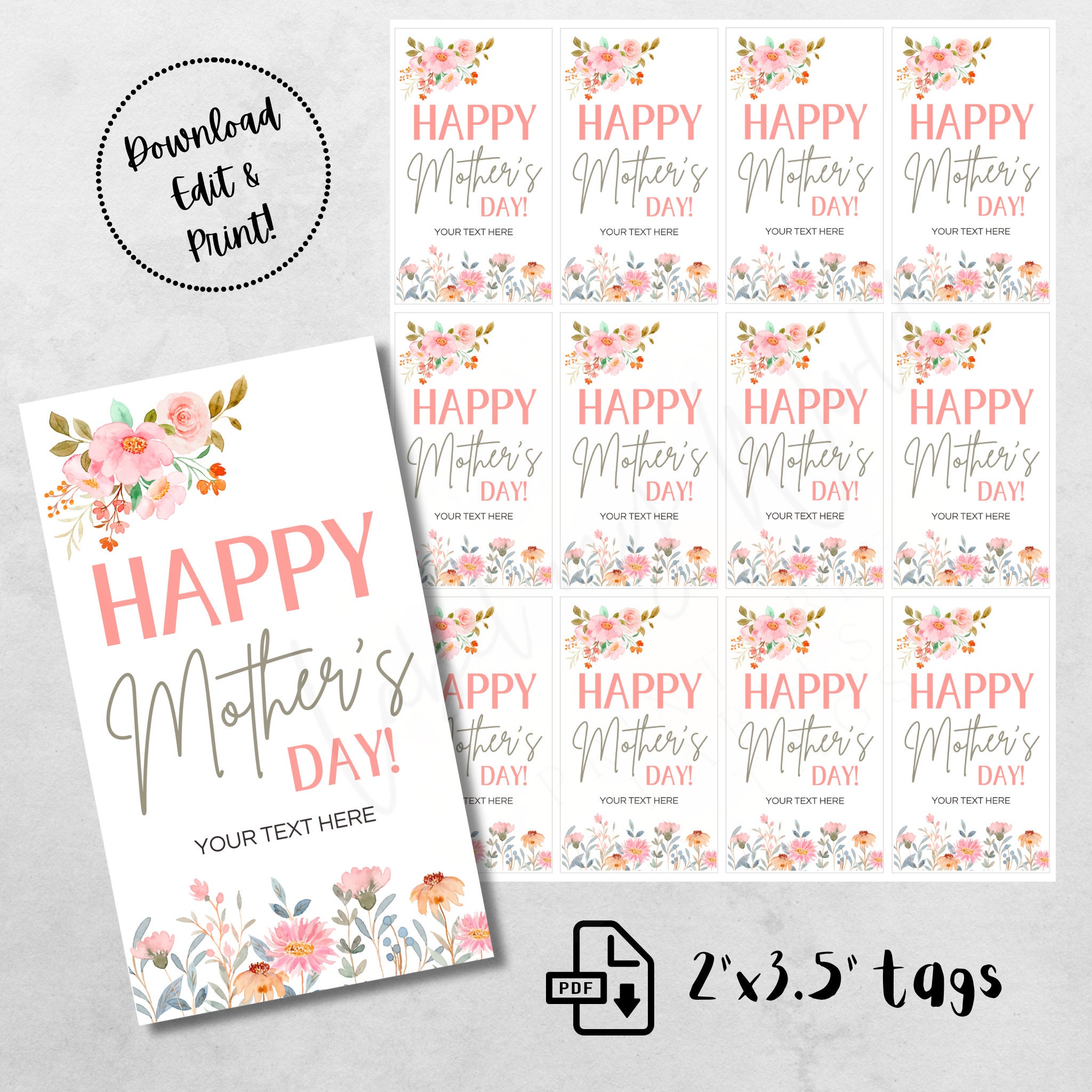 Happy Mother's Day Printable Gift Tag, Personalized Floral Mother's Day ...