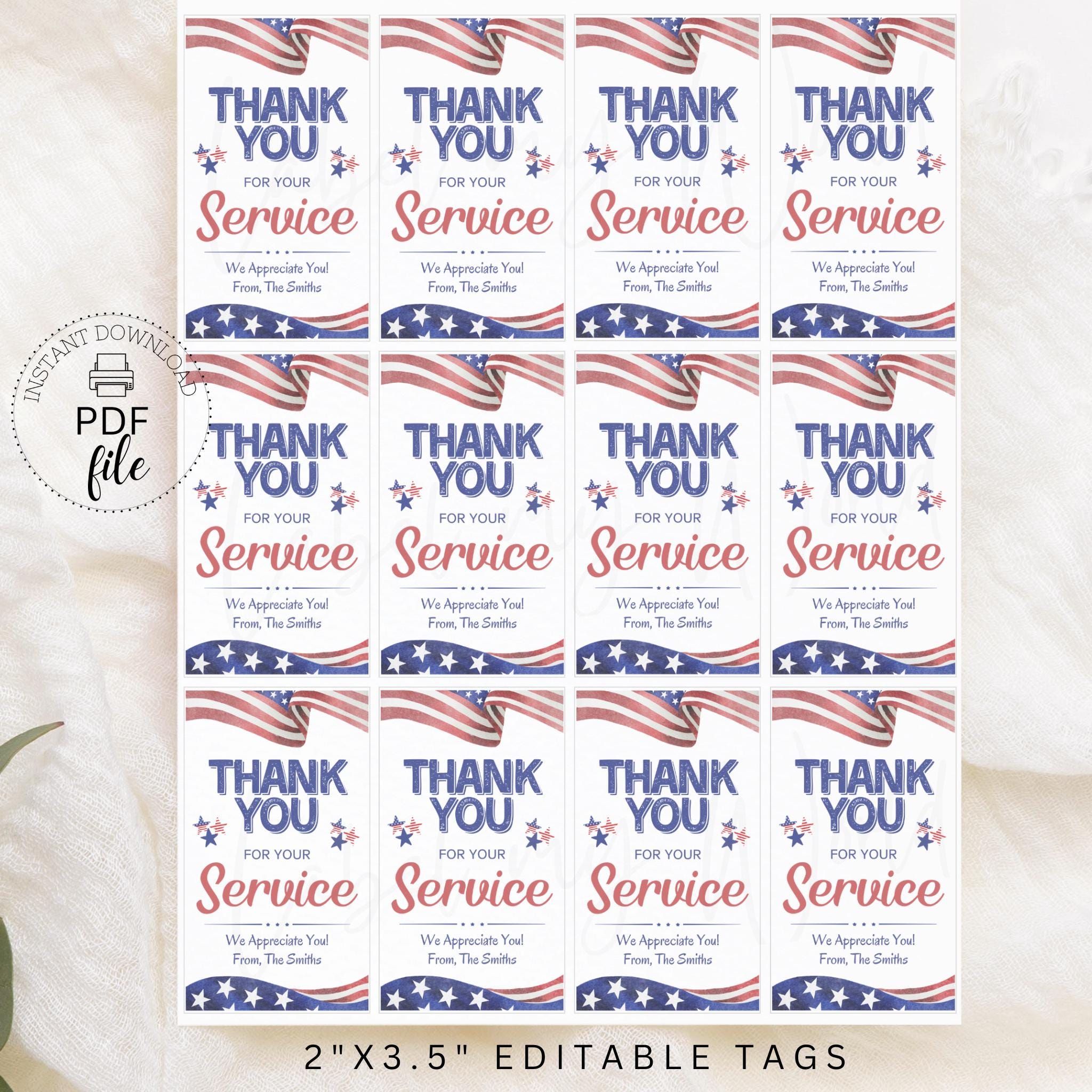 Thank You for Your Service Gift Tag, Veterans Military Appreciation ...