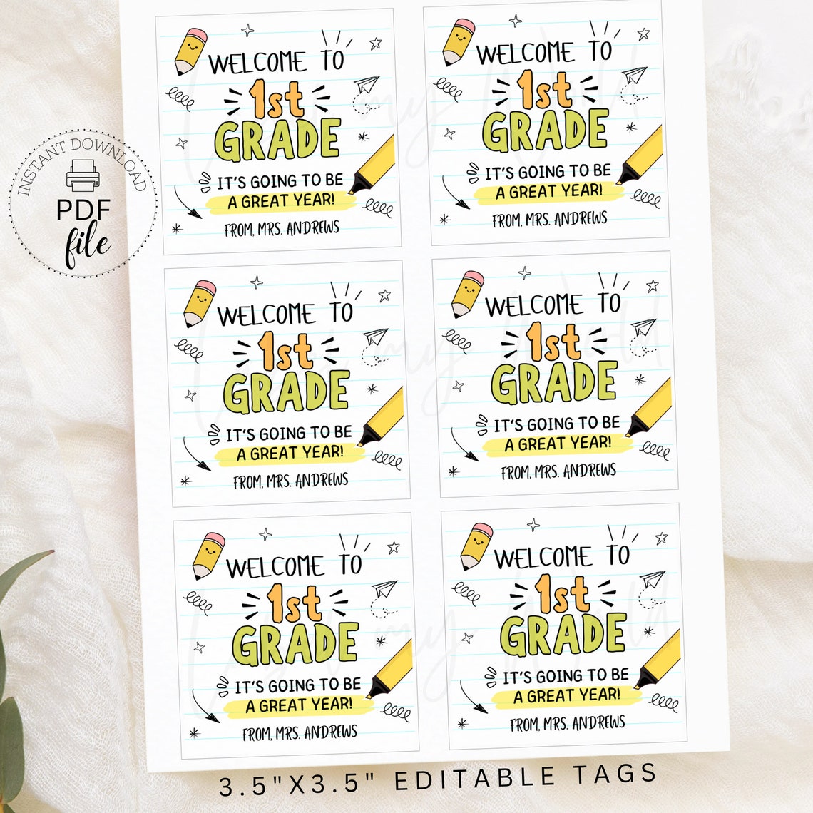 Printable Welcome to First Grade Gift Tag, Personalized Teacher ...